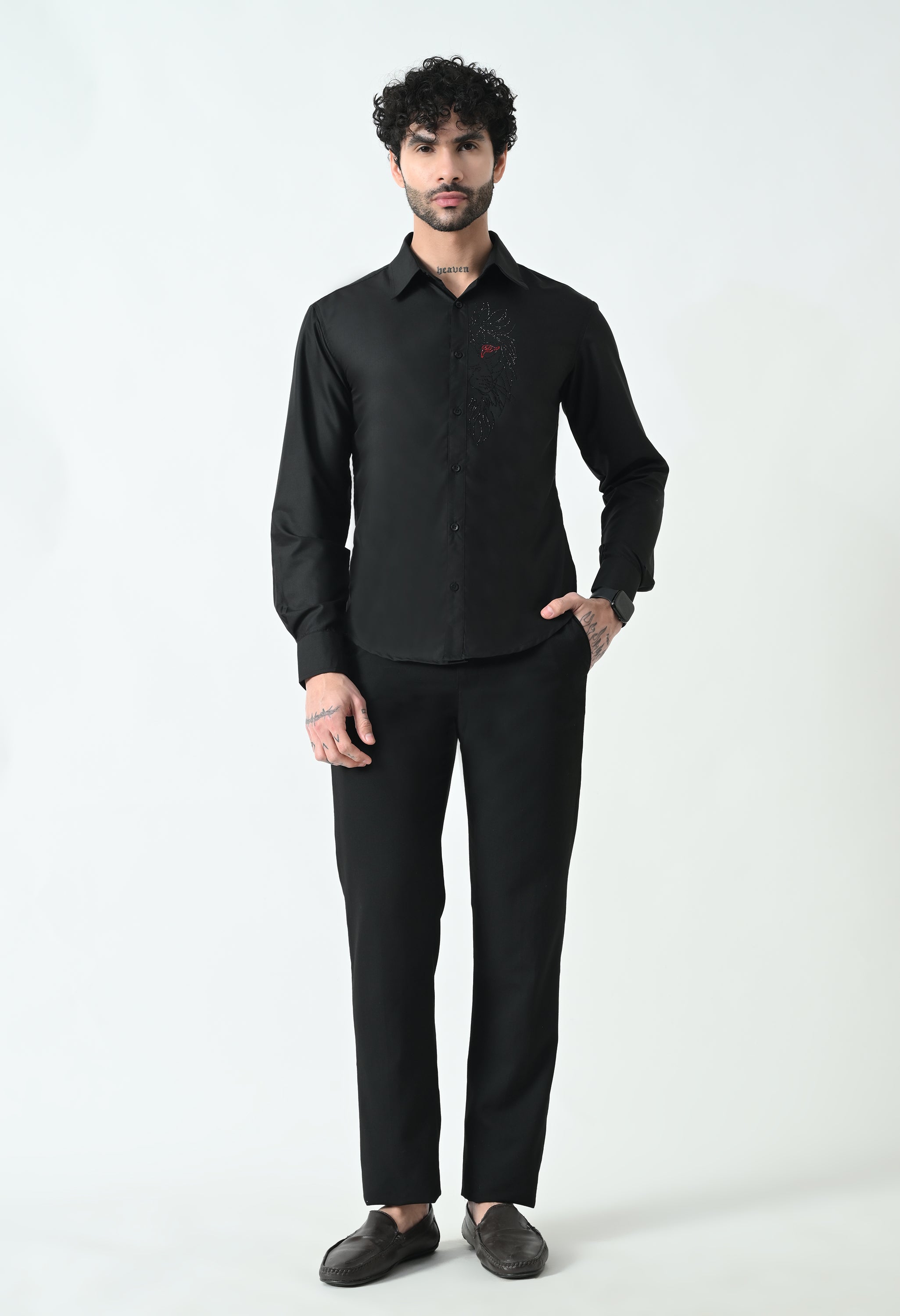 Black Designer premium stone work Cotton sheen Shirt (Lion) – IndySlay