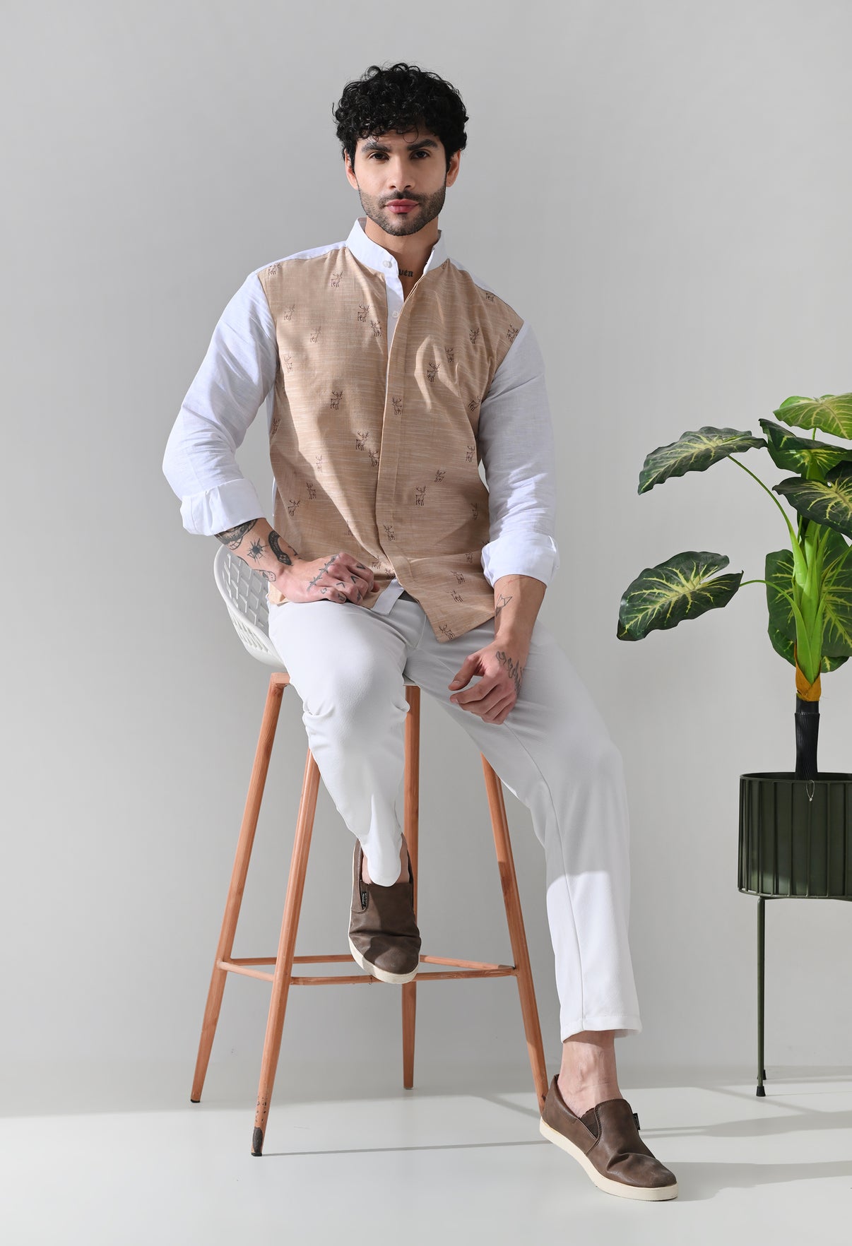 Indyslay Deer Print Linen Shirt – White Mandarin Collar – IndySlay