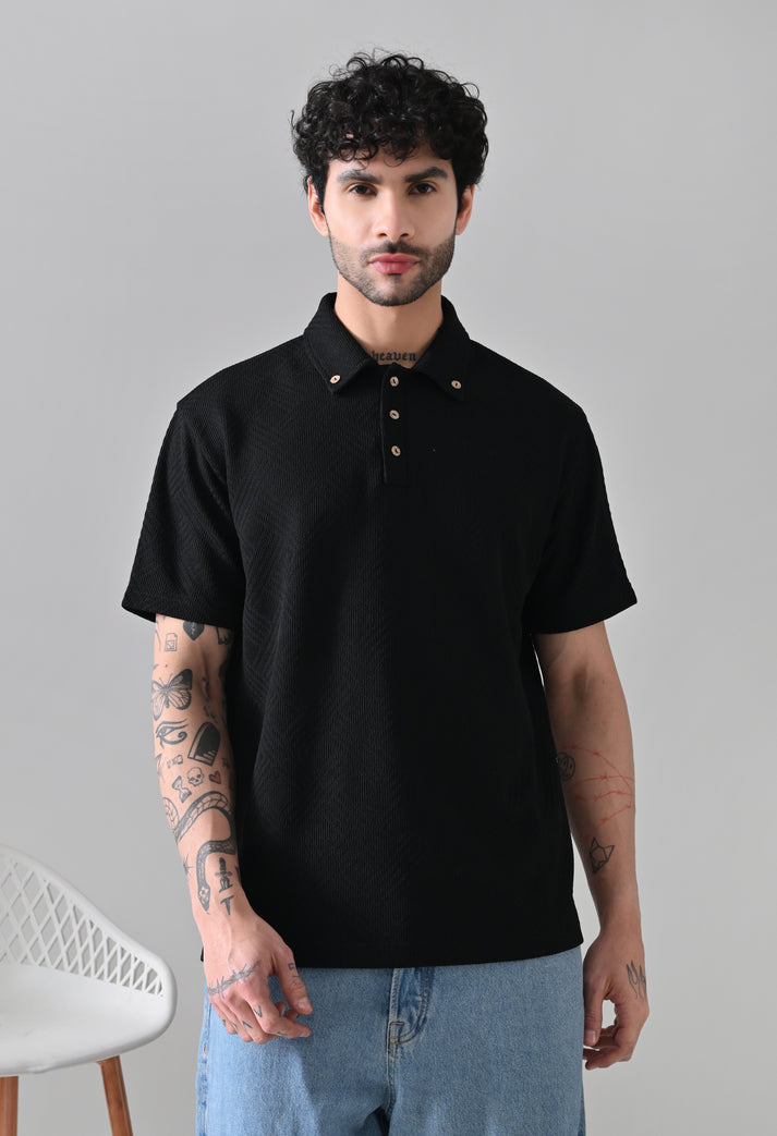 Indyslay Textured Jacquard Buttoned Collar Polo TShirt – Black – IndySlay